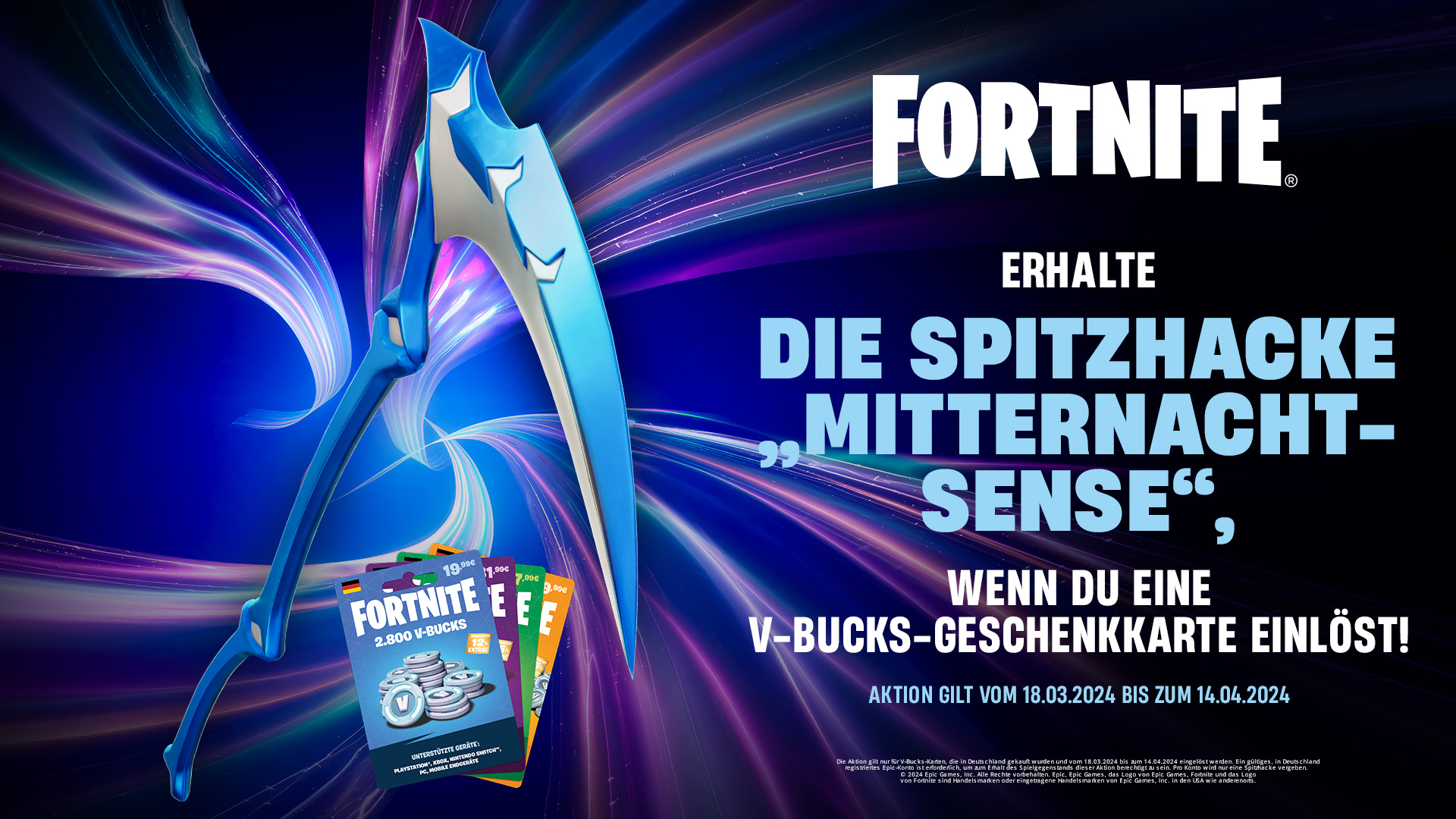 Löst eine V-Bucks-Karte ein und erhaltet die Spitzhacke „Mitternacht ...